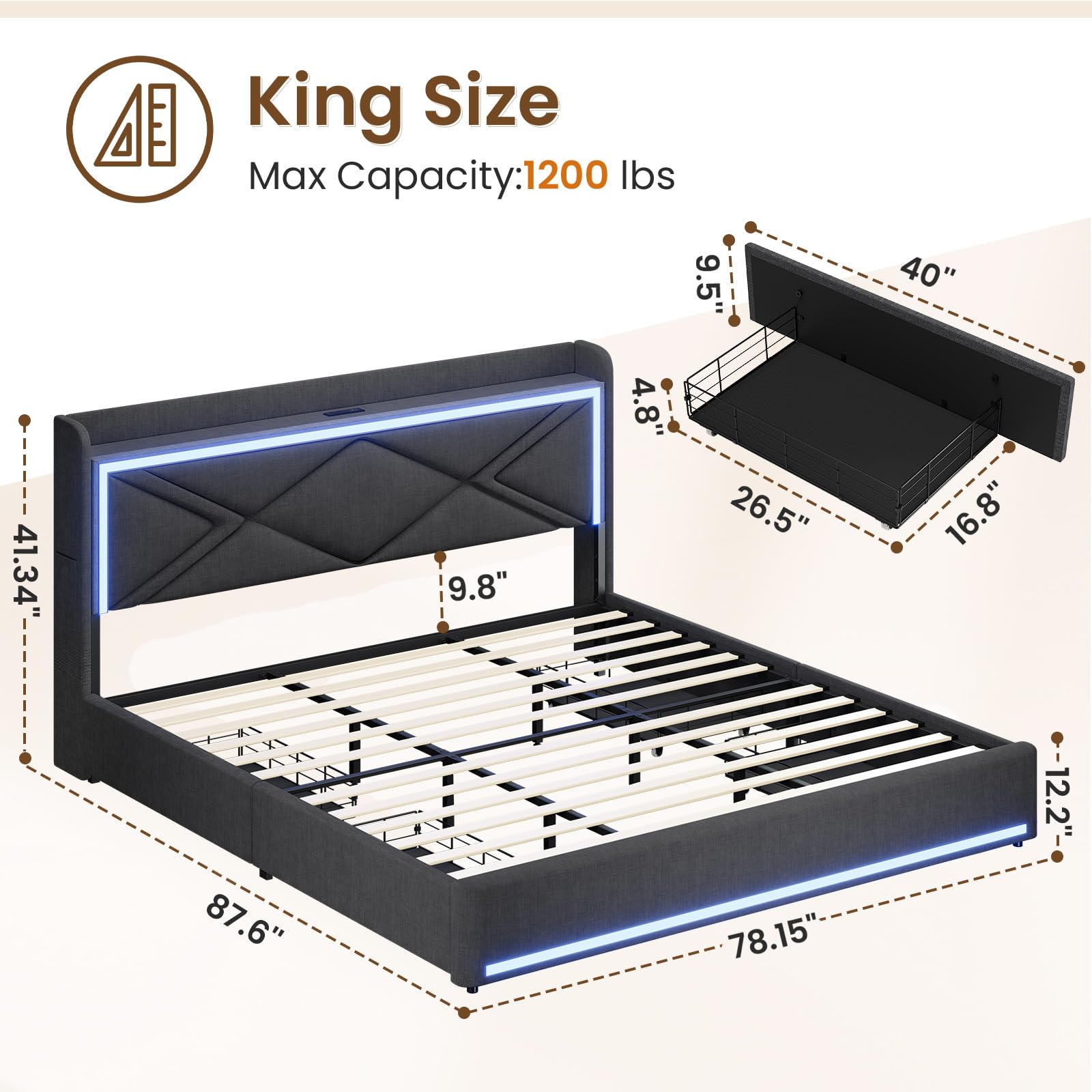 BTHFST King Bed Frame with LED Lights Headboard & USB-C/A Charging Station, Modern Upholstered King Size Platform Bed with Storage Drawers, No Box Spring Needed, Dark Gray