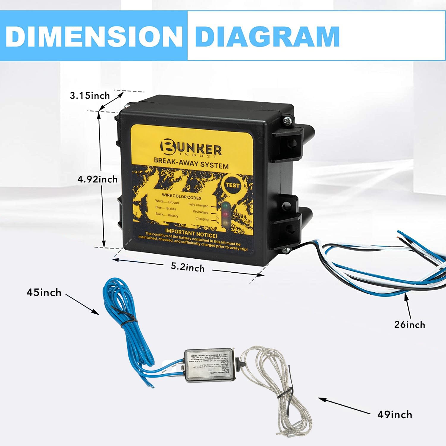 BUNKER INDUST Trailer Brakes Breakaway Kit with Charger, LED Indicator, Switch, 12V 5AH Battery for Trailer Caravan