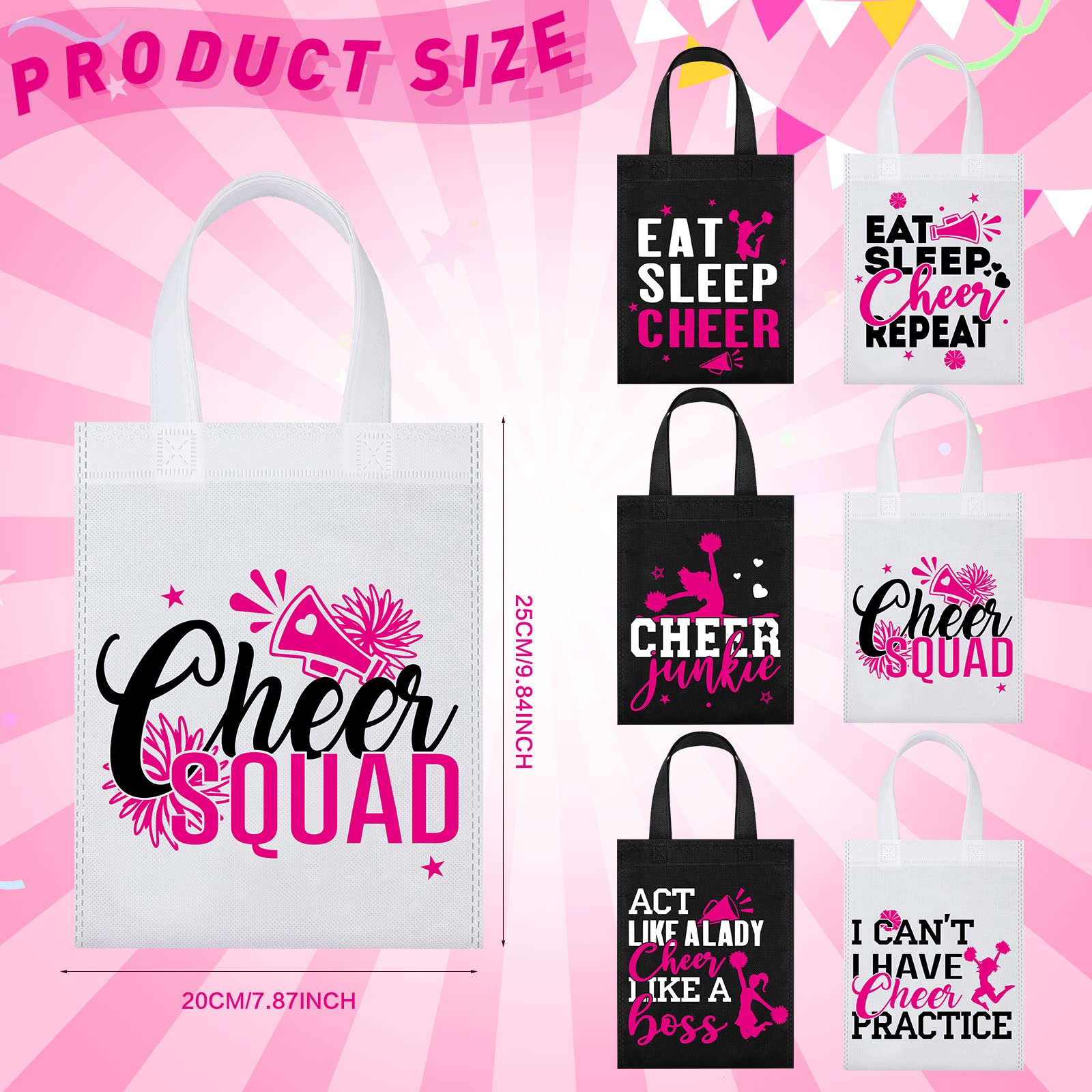 Buryeah 24 Pcs Cheer Bag Cheerleaders Bulk Cheerleading Gift Goodie Snack Treat Bag Non Woven Eat Sleep Cheer Bag for Girls(Black, White)