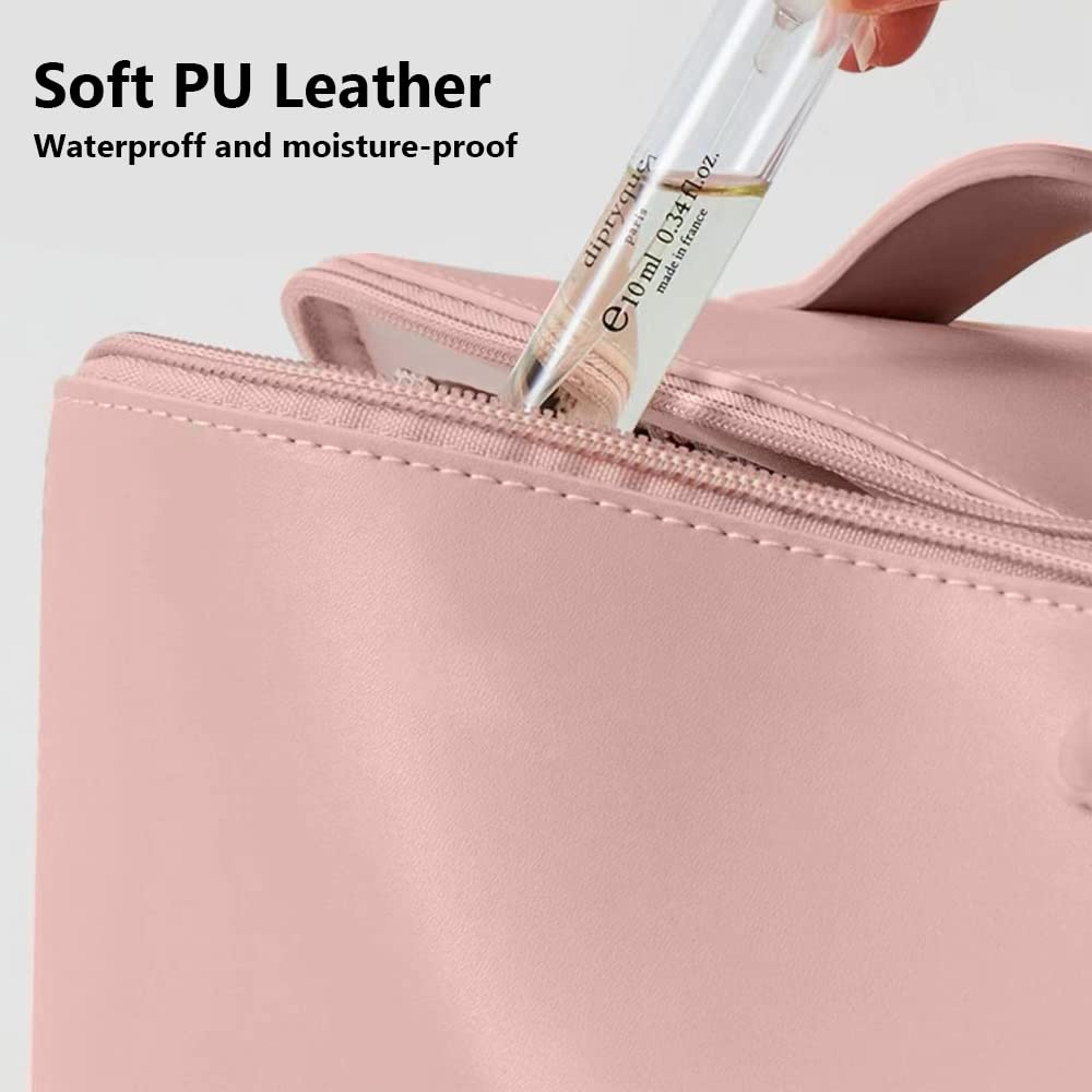 DAFUZ Makeup Bag - Large Capacity Travel Cosmetic Bag, Multifunctional Storage Leather Makeup Bag, with Handle and Divider Waterproof Travel Cosmetic Bag (Pink)