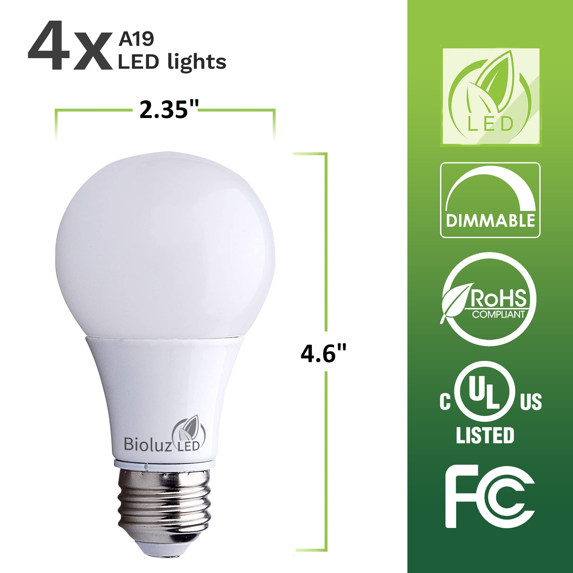 Bioluz LED 100W LED Bulbs, Dimmable LED Light Bulbs, Natural White 4000K, A19 LED Light Bulb 1500 Lumen - 4 Pack