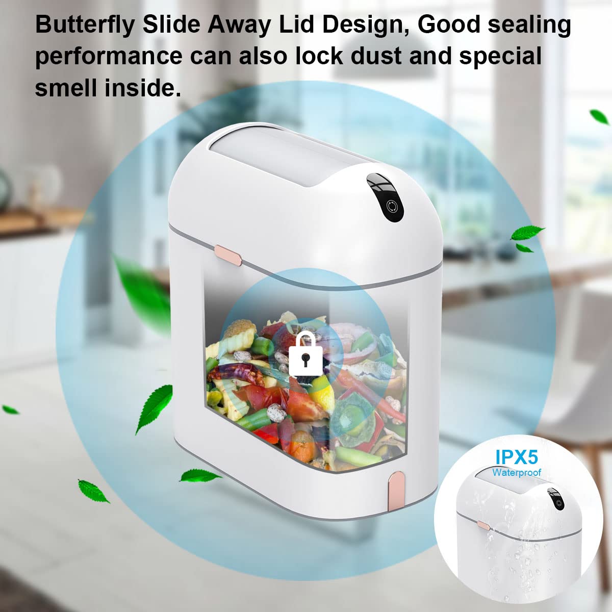Touchless Bathroom Trash Can with Butterfly Lid, 2.5 Gallon Waterproof Trash Bin, Motion Sensor Garbage Can for Office, Kitchen, Bedroom, Toilet Narrow Seam