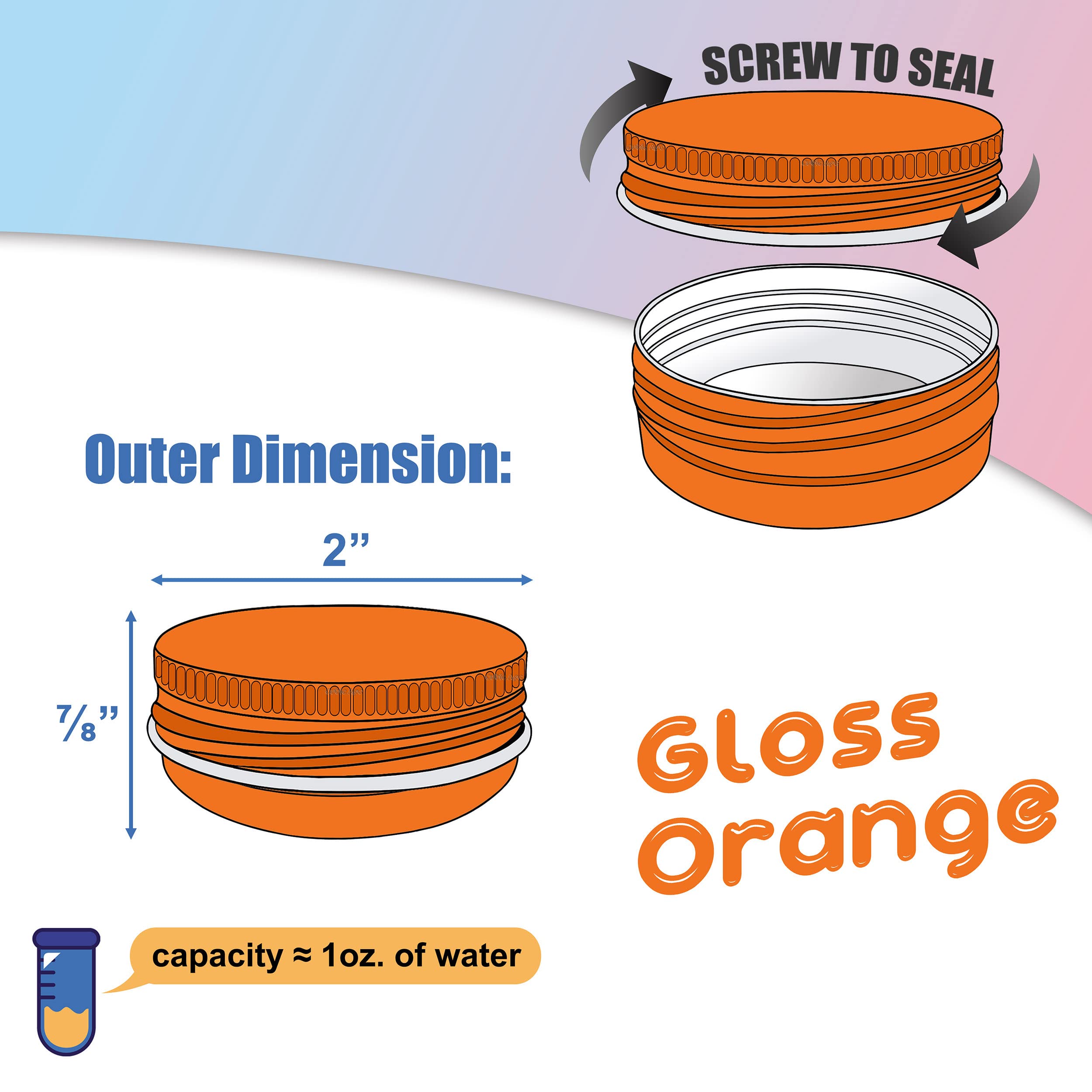 Cubic Ape (1 oz, 27-Pack, w/Labels) Screw Lid Aluminum Jars for Cosmetics - (Small) Refillable Empty Metal Containers for Balm, Salve, Cream (Gloss Orange)
