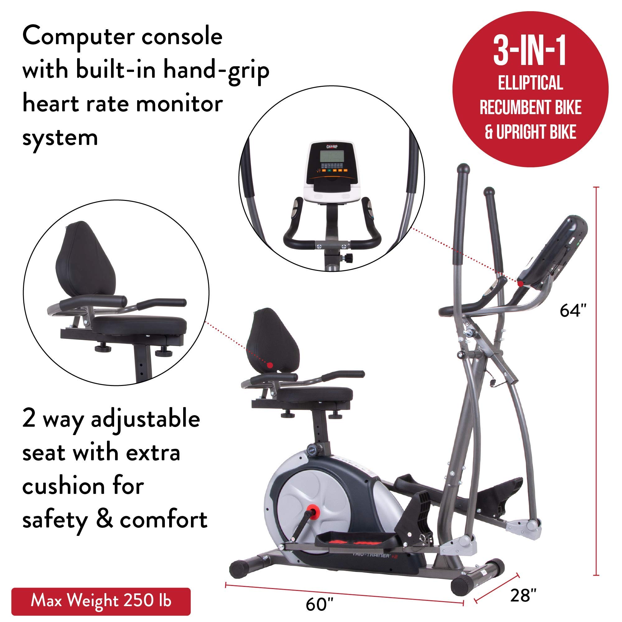 Body Champ 3-in-1 Home Gym, Upright Exercise Bike, Elliptical Machine & Recumbent Bike, Trio Trainer Exercise Machine Plus Two Upper Body Options, Silver, BRT7989