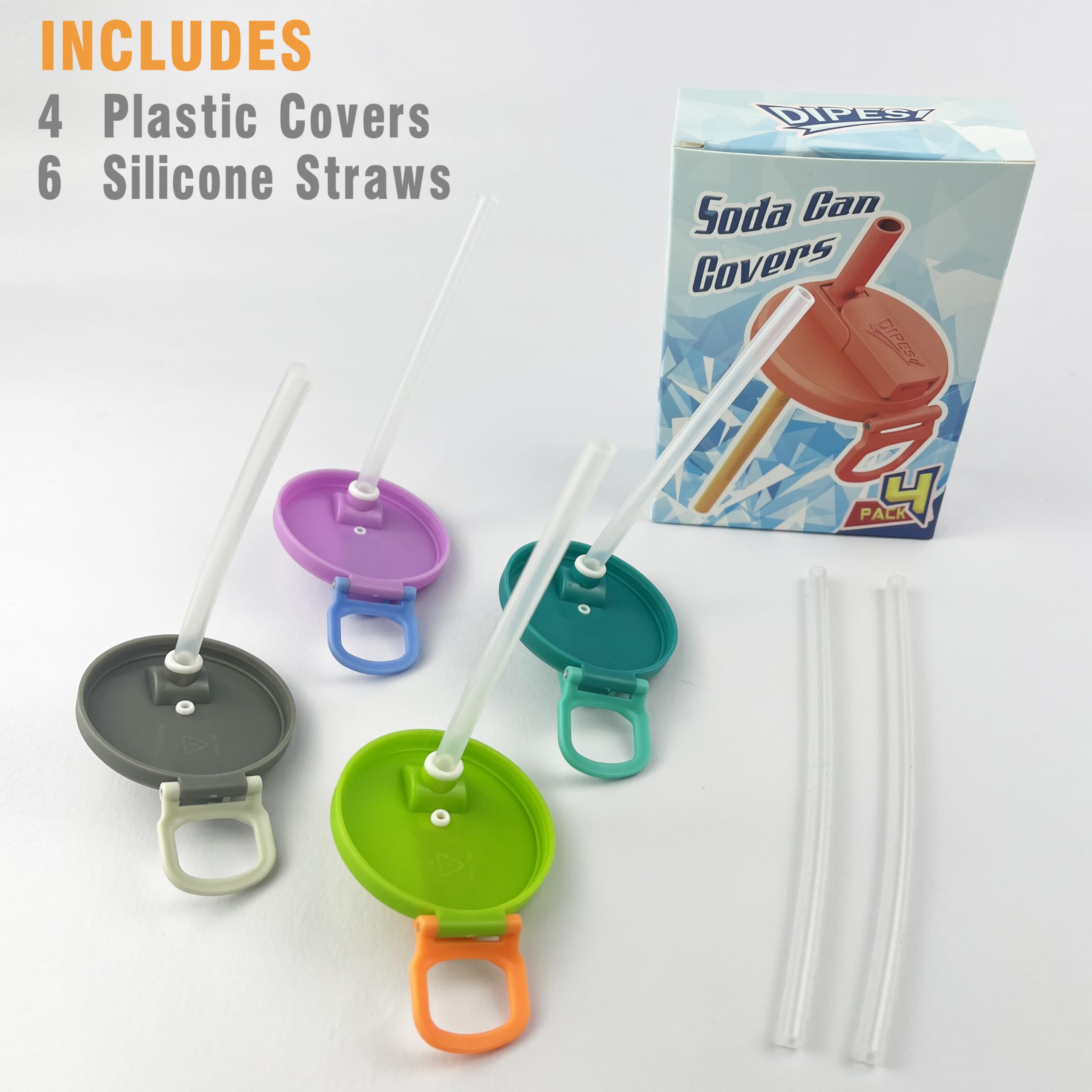 Dipesi 4-pack 4 Color Soda Can Lids with straw,Silicone Straws Soda Can Covers,straw soda can lid,BPA-Free, Reusable for can covers for soda, Beverage, Juice,Seltzer(Colour mixture)