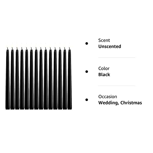 JHENG 10 Inch BlackTaper Candles, 14 Pack Tall Unscented Dripless with Cotton Wicks Perfect for Dinner, Party, Wedding or Farmhouse Decor, 7-8 Hour Burn Time- 7/8'' Base (Black)