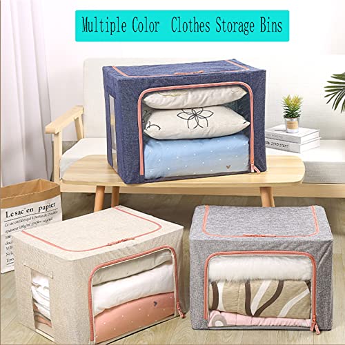 OJIMO Foldable Clothes Storage Bins 2 Pack,Stackable Metal Frame Storage Box w/Reinforced Handle, Stackable Thick Linen Fabric Closet Organizer Set with Clear Windows, Sturdy Zippers(15.4x11.4x7.9in)