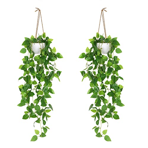 FIAHOSEY Faux Plants Indoor - 2Pcs Fake Hanging Potted Pothos Plant for Home Decor Artificial Greenery for Bedroom Living Room Office Garden Wall Shelf Decor