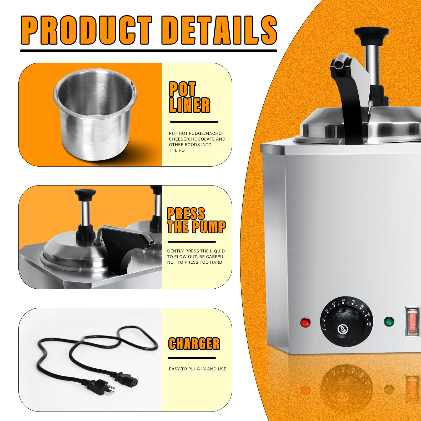 Nacho Cheese Dispenser, 4.8 QT Nacho Cheese Warmer, Stainless Steel Popcorn Butter Dispenser, with Pump 650W Nacho Cheese Machine, 30-110β Temp Adjustable, for Heating Caramel Cheese Chocolate