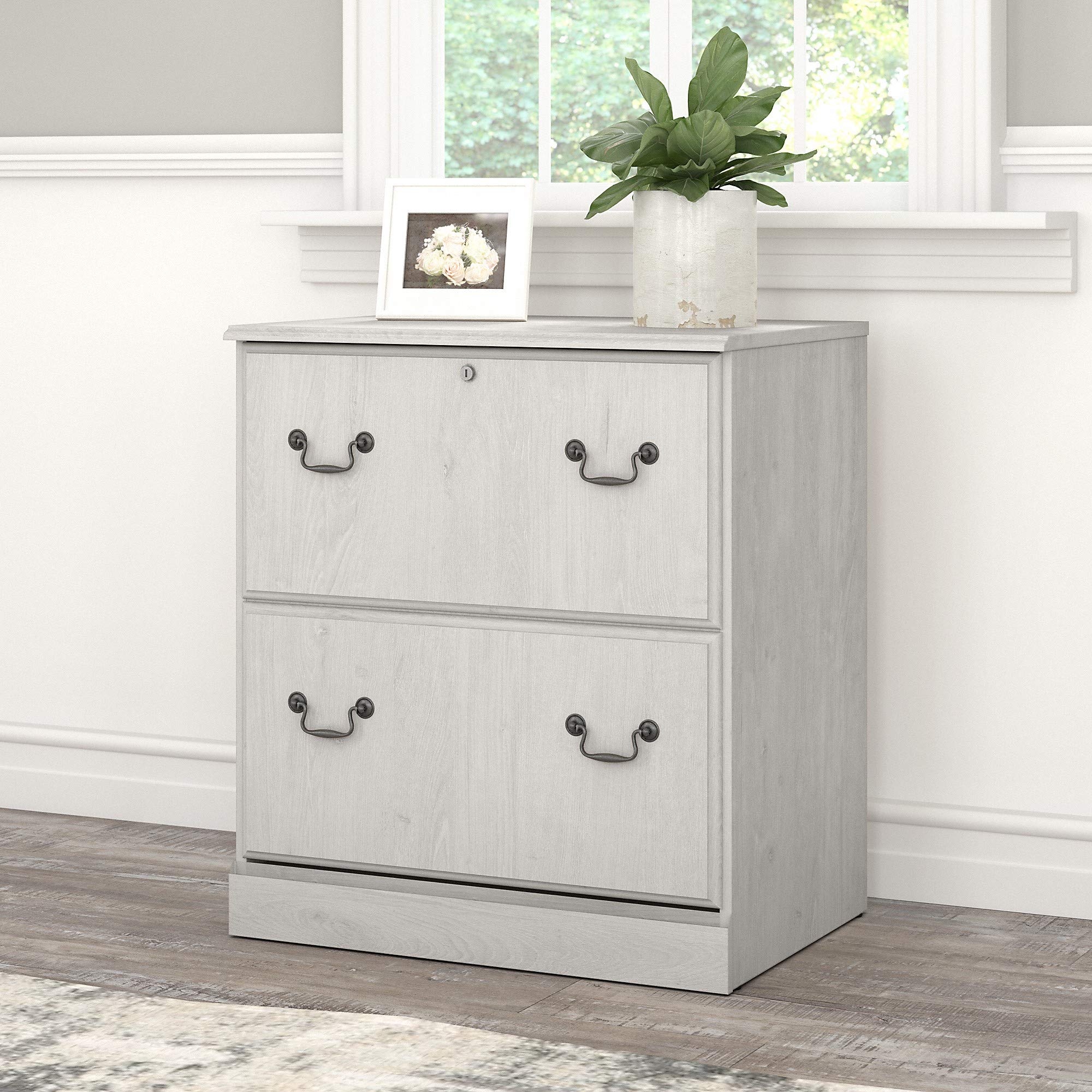 Bush Furniture Saratoga 2 Drawer Lateral File Cabinet in Harvest Cherry, Document Storage Chest for Home Office, Linen White Oak