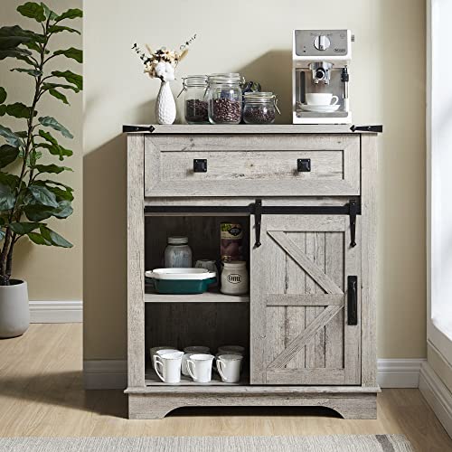 OKD Farmhouse Coffee Bar Cabinet, 32" Sliding Barn Door Buffet Sideboard Cabinet with Drawer, Adjustable Storage Shelves, Wooden Accent Cabinet for Kitchen, Living Room, Dining Room(Light Rustic Oak)