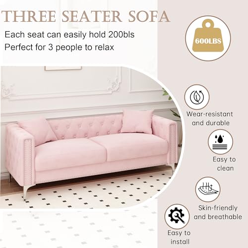 FANYE Velvet Upholstered Sofa Couch with 2 Pillows,Modern 3 Seaters Sofa Couch with Nailhead Decor and Metal Legs for Living Room