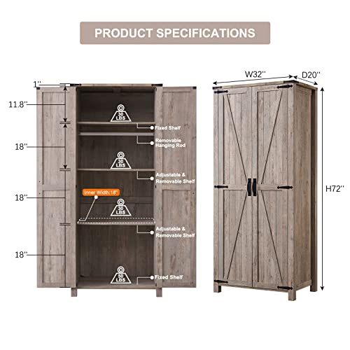 OKD Storage Cabinet, 32'' Farmhouse Armoire w/Adjustable Shelves, Rustic Pantry w/2 Barn Doors & Hanging Rod, Versatile Storage for Kitchen, Bathroom, Laundry, or Utility Room, Light Rustic Oak