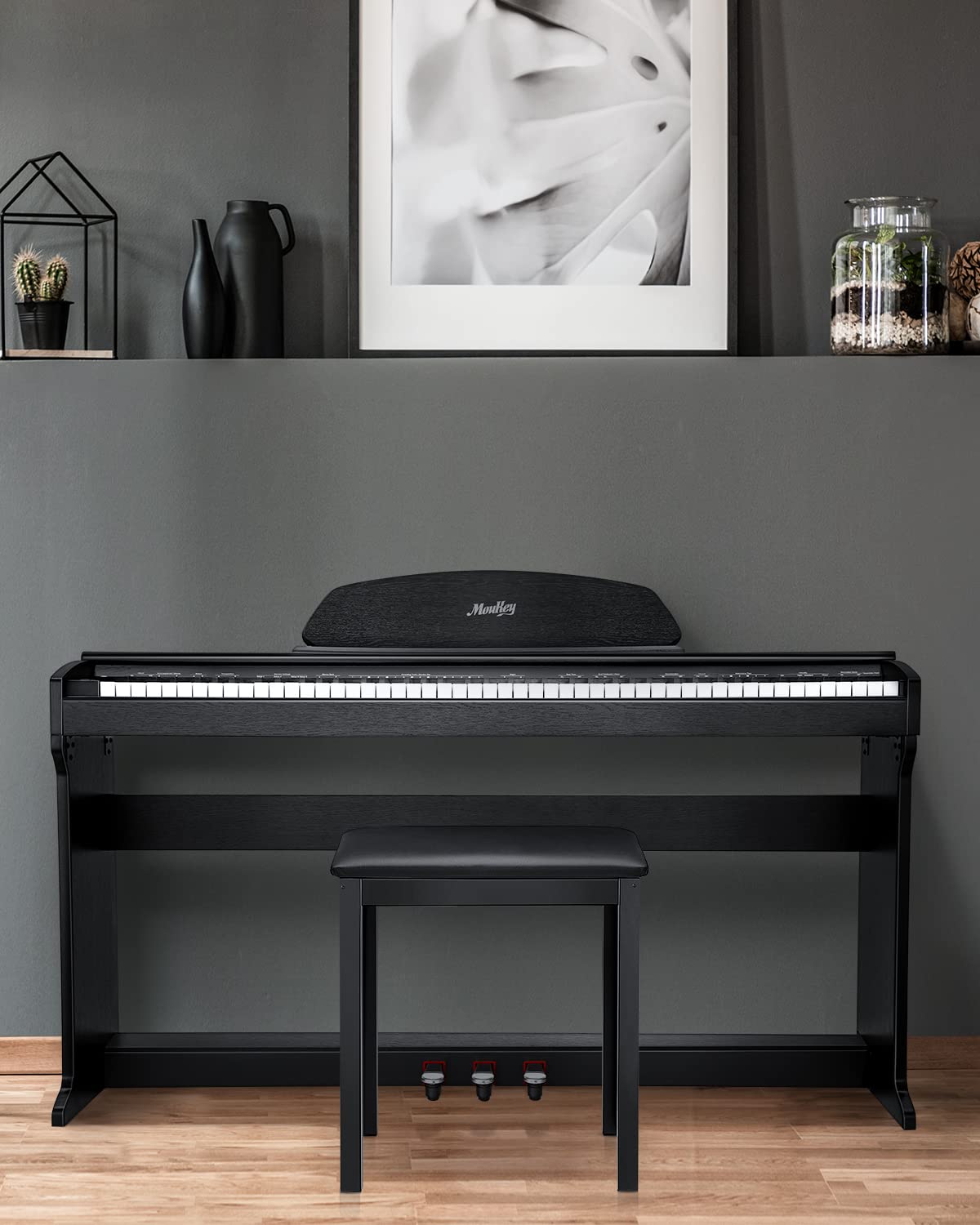 Moukey MDP-350 88-Key Semi Weighted Piano Action Digital Beginner Keyboard with Furniture Stand & Piano Stool, Triple Pedals, Power Supply, Black