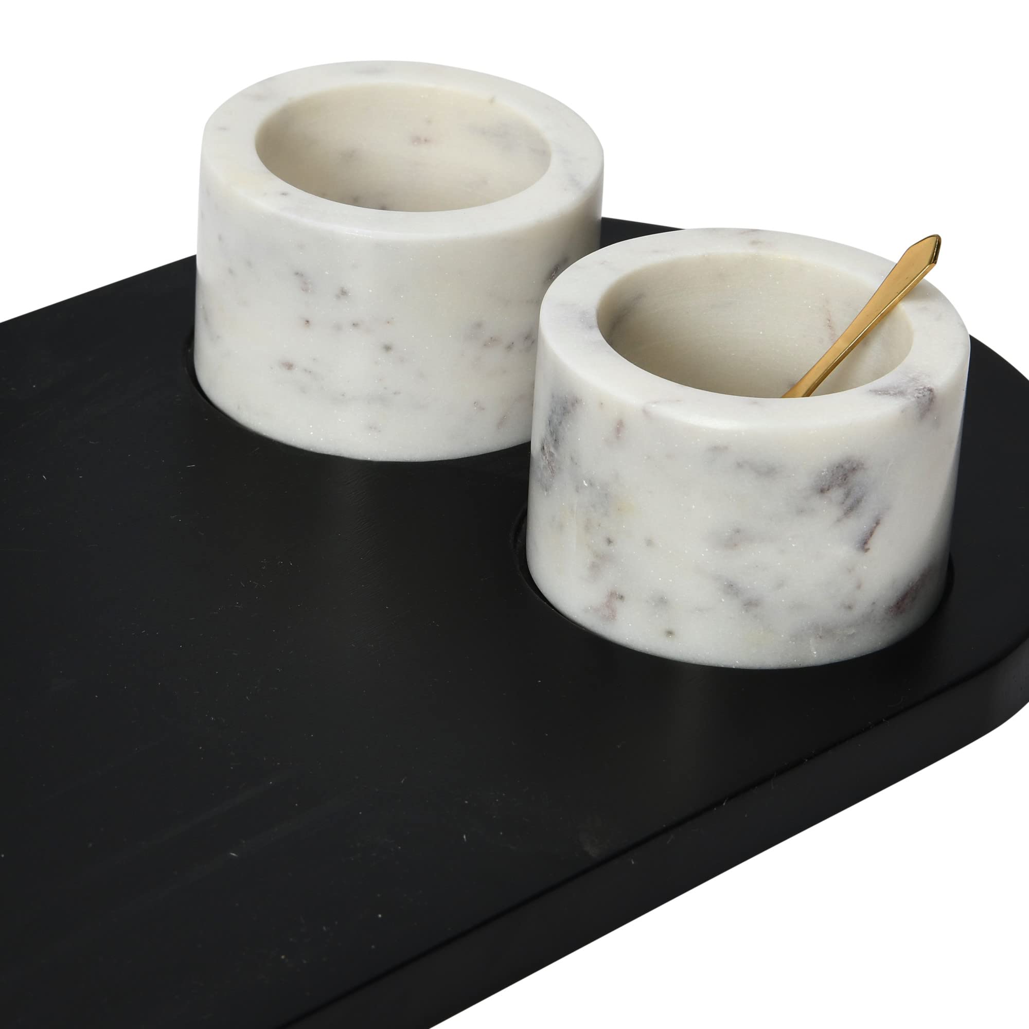 Bloomingville Bloomingville Mango Wood Tray with 2 Marble Bowls and Gold Finish Stainless Steel Spoon, Set of 4
