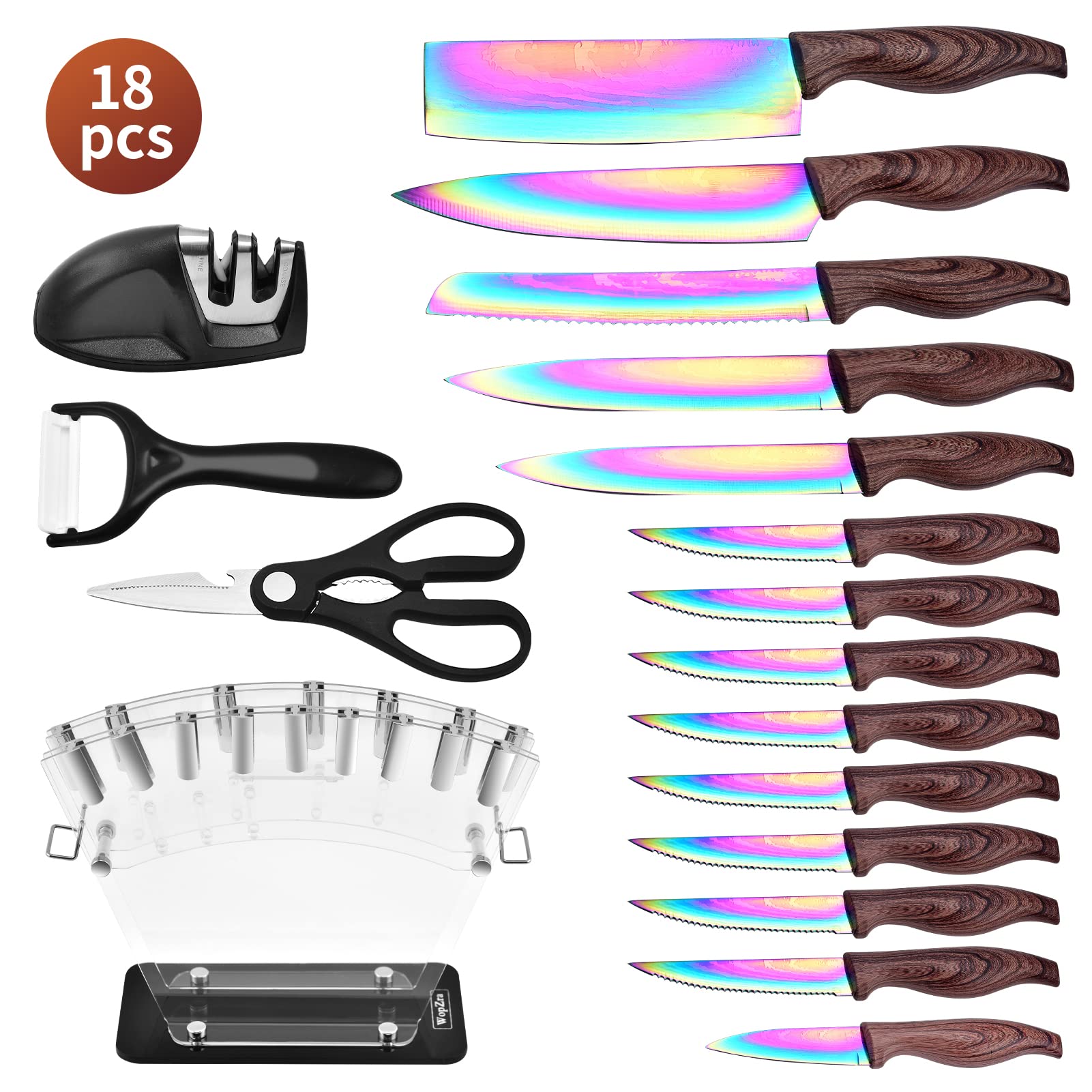 Damascus Steel Knife Set 6Pcs Non Stick Sharp Kitchen Knives Set with Block Sharpener Kitchen Shears Cutlery Knives Block Set Chef Quality Best Gift (6Pcs Set)