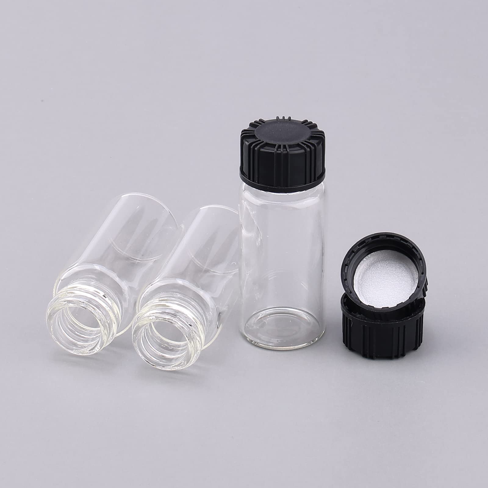Csfglassbottles Pack of 50 10ml Clear Glass Bottles Vial Clear Liquid Sampling Sample Screw Cap Empty Lab Vials Black Plastic Cap