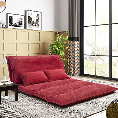 HEPMIMZHU Adjustable Floor Sofa, Foldable Lazy Sofa Sleeper Bed 5-Position Adjustable, Cloth Cover, Floor Sofa Couch with 2 Pillows for Bedroom, Living Room, Balcony (Red)