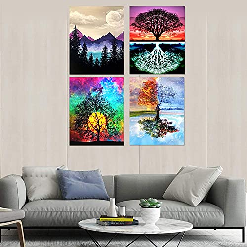 Fycert (4 Pack) DIY Paint by Numbers Kits,Canvas Oil Painting Set for Adults Beginner,16" L x 12" W Drawing Paintwork with Paintbrushes,Acrylic Pigment - Tree & Moon,Version 1