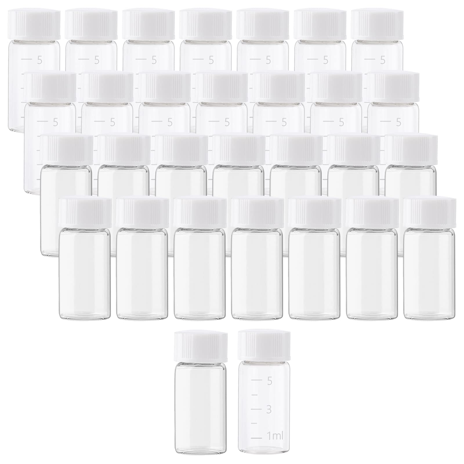 Csfglassbottles 30PCS 5ml (0.17 Oz) Clear Liquid Sampling Sample Scale White Screwcap Glass Vials Bottles for Chemistry Lab Chemicals(15pcs with Scale, 15pcs no Scale)