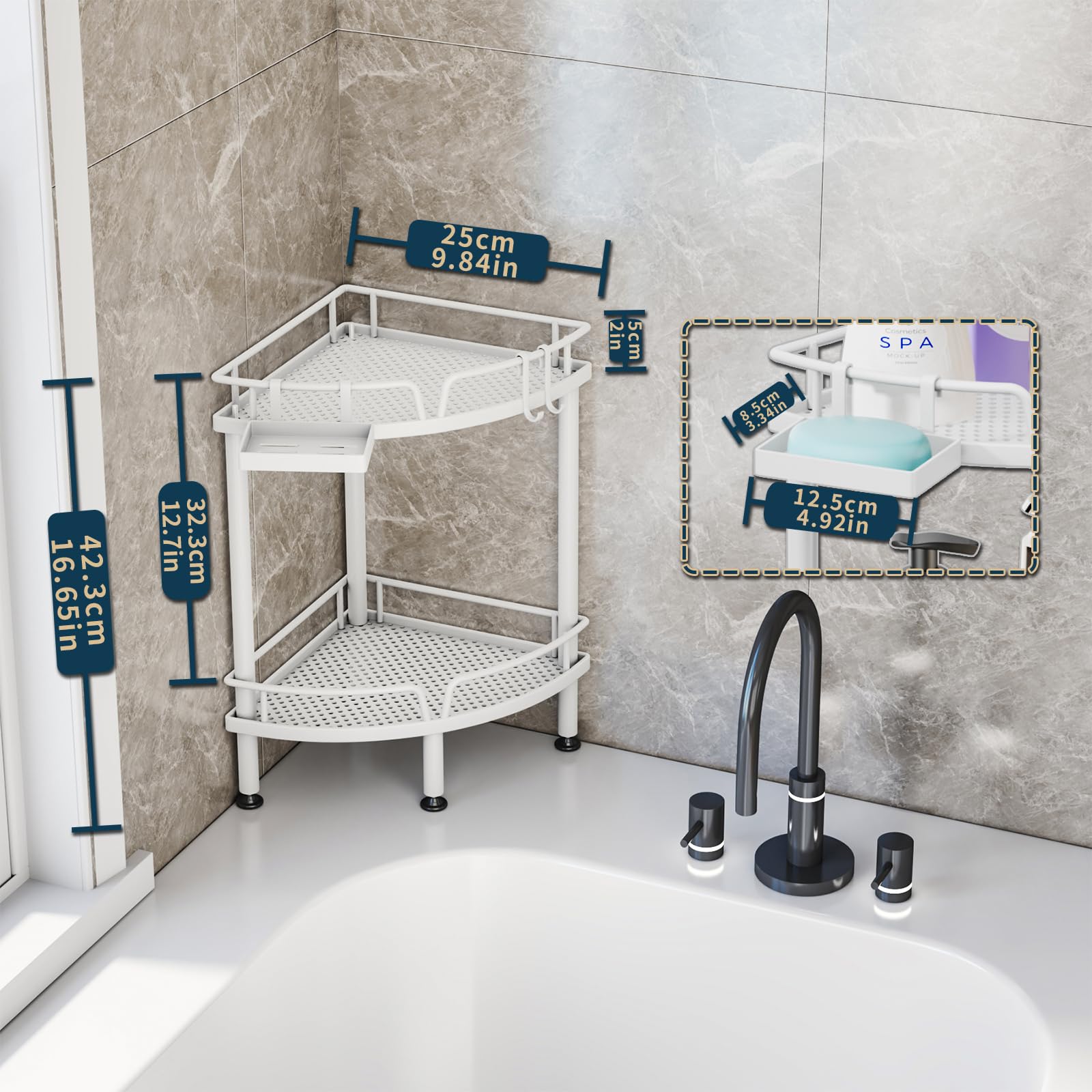 Consumest Corner Shower Caddy Stand - 2 Tier Shower Organizer with Soap Holder, Standing Tall Floor Shower Stand with Adjustable Feet & 2 Hooks, Shower Shelf Rack Storage for Bathroom White