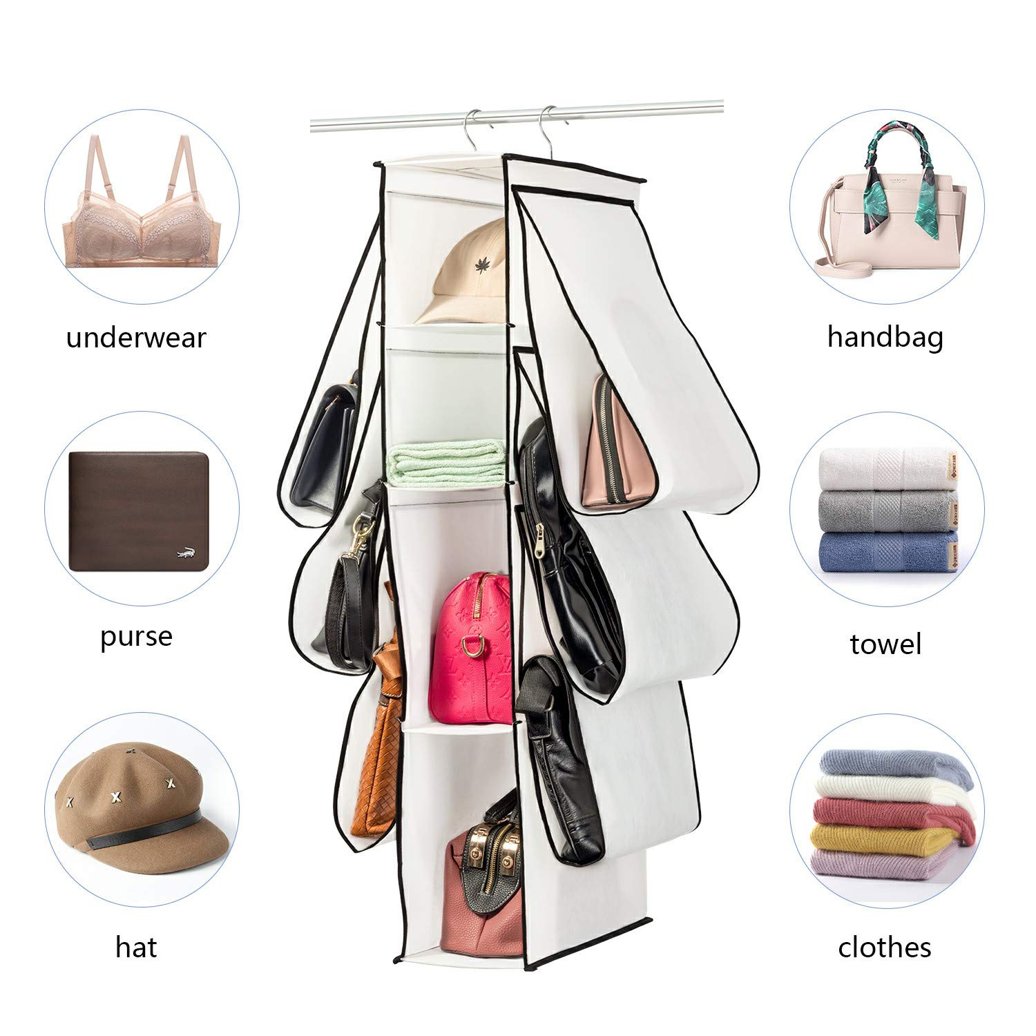 SAVERHO Hanging Purse Handbag Organizer,Closet Purse Handbag Organizer for Wardrobe Space Saving Closet Organizers System with 10 Compartments Handbag Holder (White)