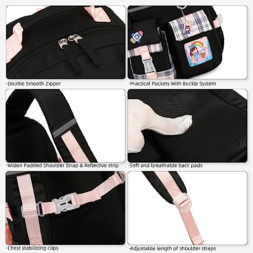 Hey Yoo Cute Backpack for School Backpack for Girls Backpack with Lunch Box Bookbag Set Kids Backpacks for Teen Girls (Black)