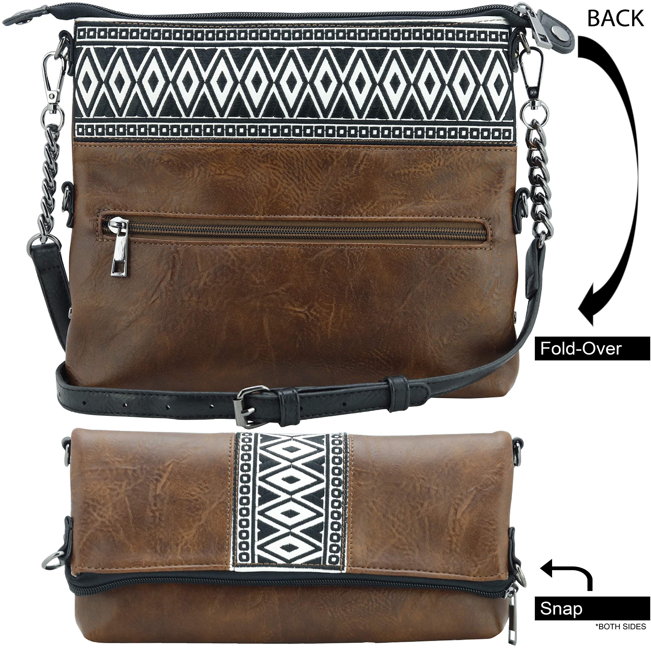 K&Bo Juniper Women’s Chain Crossbody Handbag Purse Brown, Boho Embroidered Medium, Converts to Clutch Bag, Lightweight