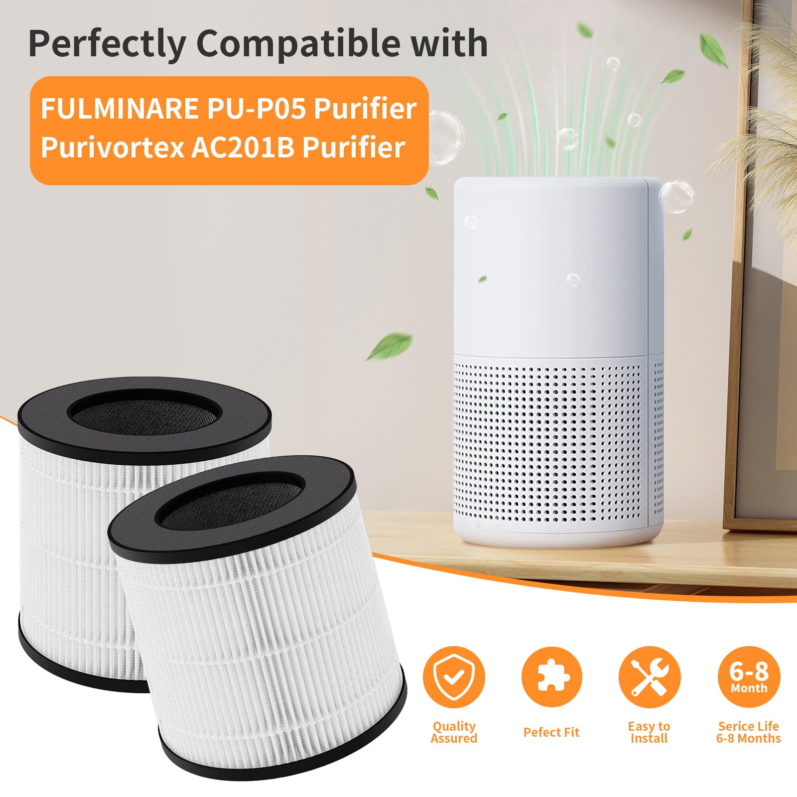 Breabetter PU-P05/AC201B True HEPA Replacement Filter Compatible with FULMINARE PU-P05 Purifier and Purivortex AC201B Purifier, 3-in-1 H13 True HEPA Filters(1-Pack)
