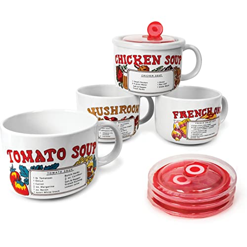 Old & Bold - 4 27 Oz Soup Bowls With Lids - Retro Soup Recipe Ceramic Mugs With Vented Lids and Handles - Pack of 4 - Microwave and Dishwasher Safe - For Soup, Instant Noodles, Cereal