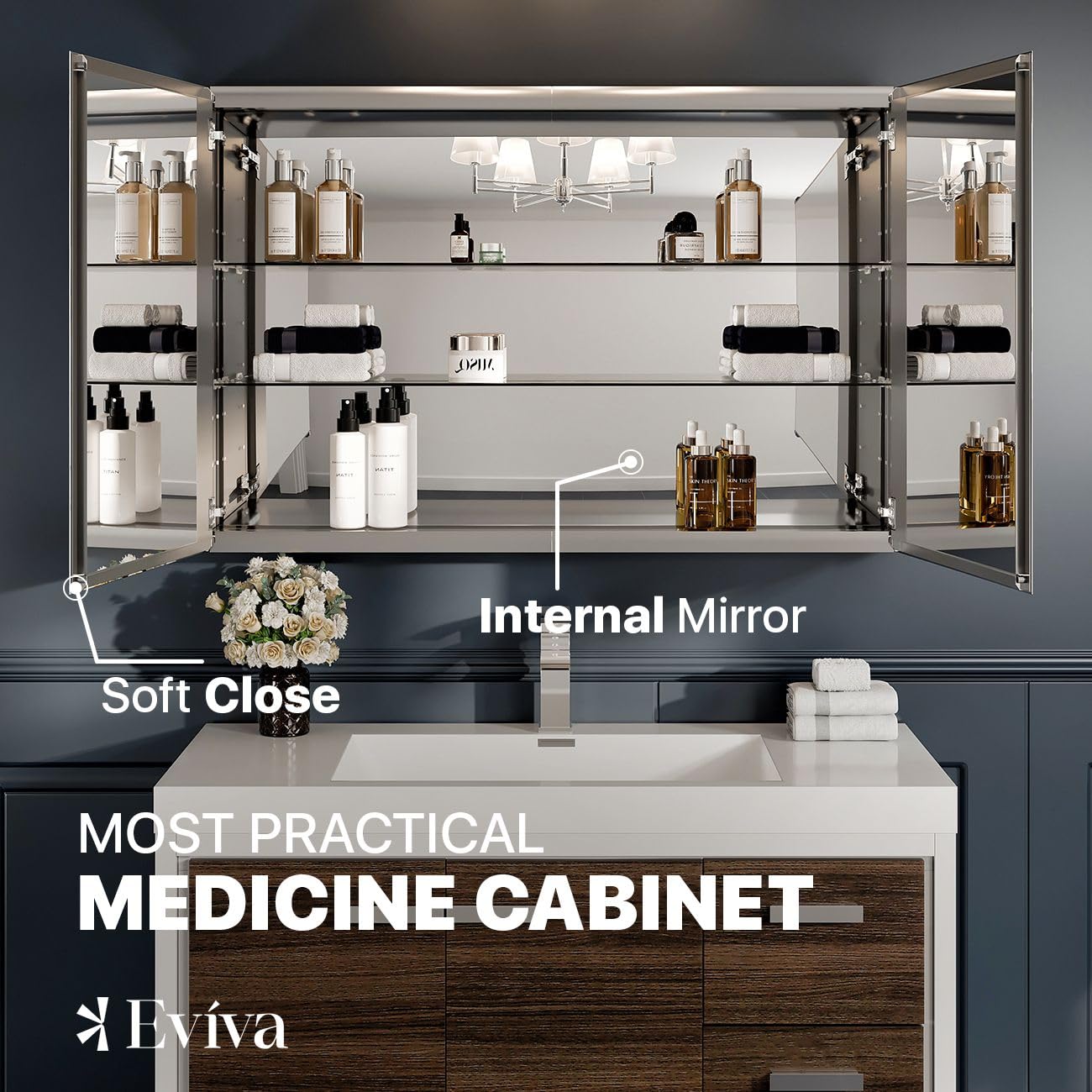 Eviva Elegant Lazy 40-Inch Mirror Medicine Cabinet in Classic White - Illumination-Free Storage Solution