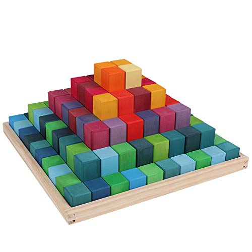 moderngenic 'Pyramid' Rainbow X-Large 100 Piece Blocks, Wooden Toys for Kids, Geometric Stacking Educational Building Blocks