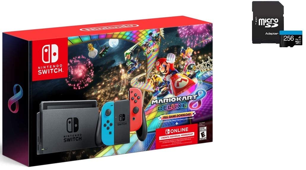 Nintendo Switch with Neon Blue and Neon Red Joy-Con, Mario Kart 8 Deluxe (Full Game Download), 3 Month Nintendo Switch Online Individual Membership, KKE 256GB MicroSD Card Holiday Bundle (Renewed)
