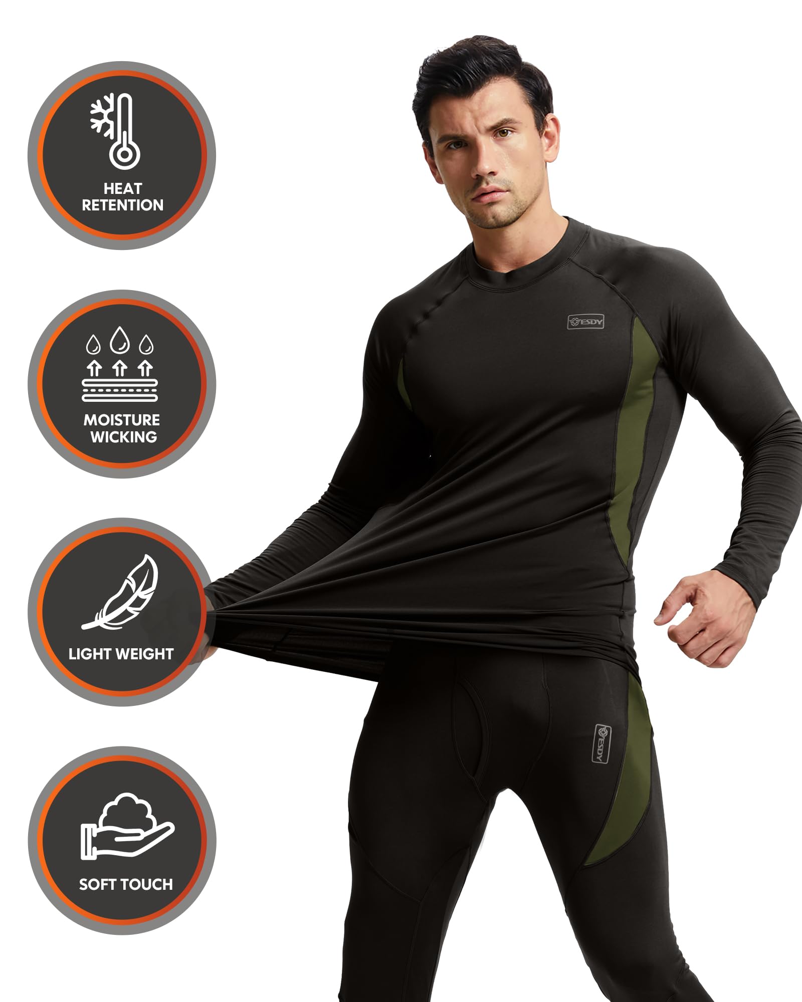 CL convallaria Long Johns for Men with Fly, Thermal Underwear Set Winter Hunting Gear Sport Base Layer Top and Bottom Midweight -Crew Neck-Black-XL
