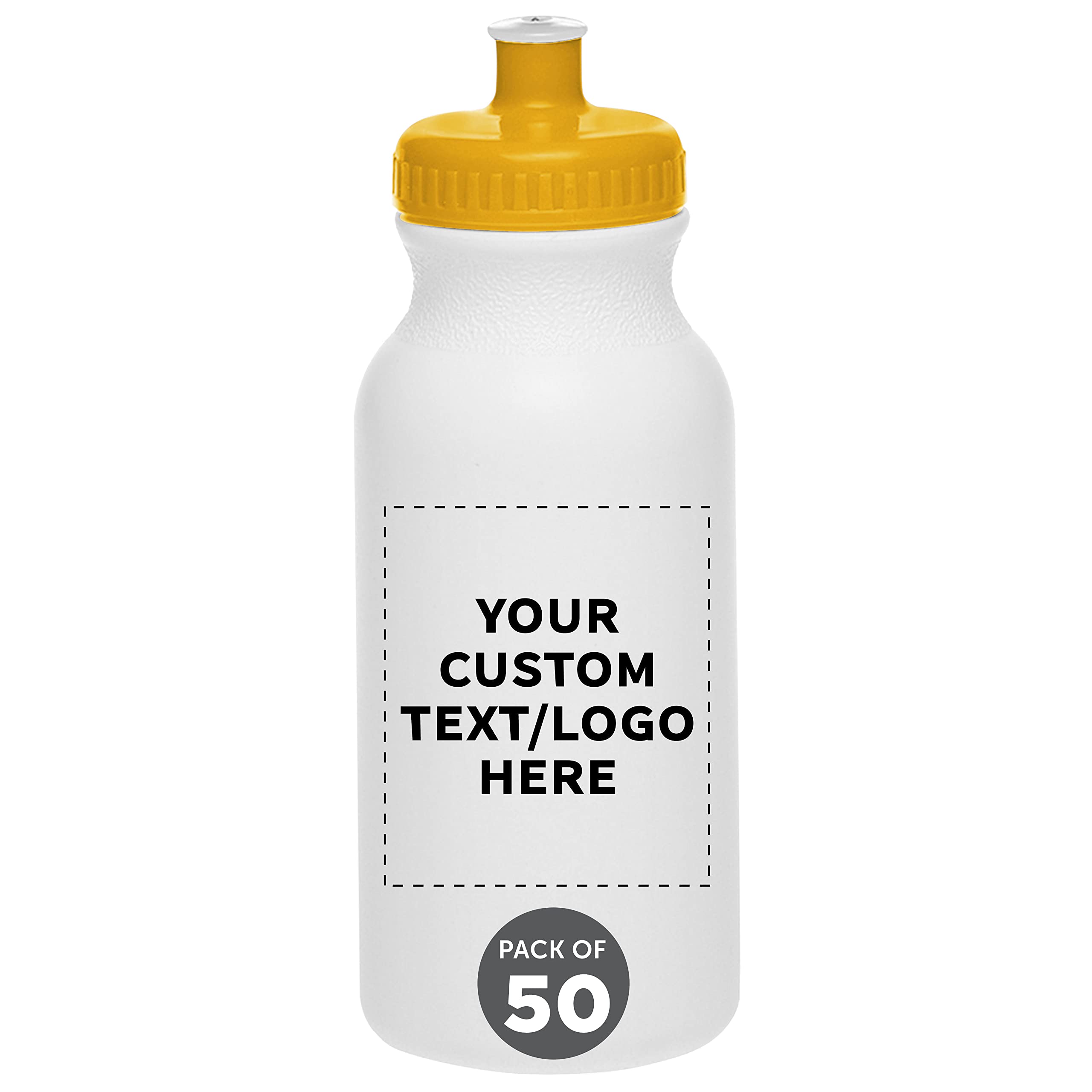 DISCOUNT PROMOS Custom White Water Bottles with Push Cap -50 pack, Customizable Text, Logo, 20 oz, Reusable BPA FREE Squeezable Bottles in Bulk - White Yellow
