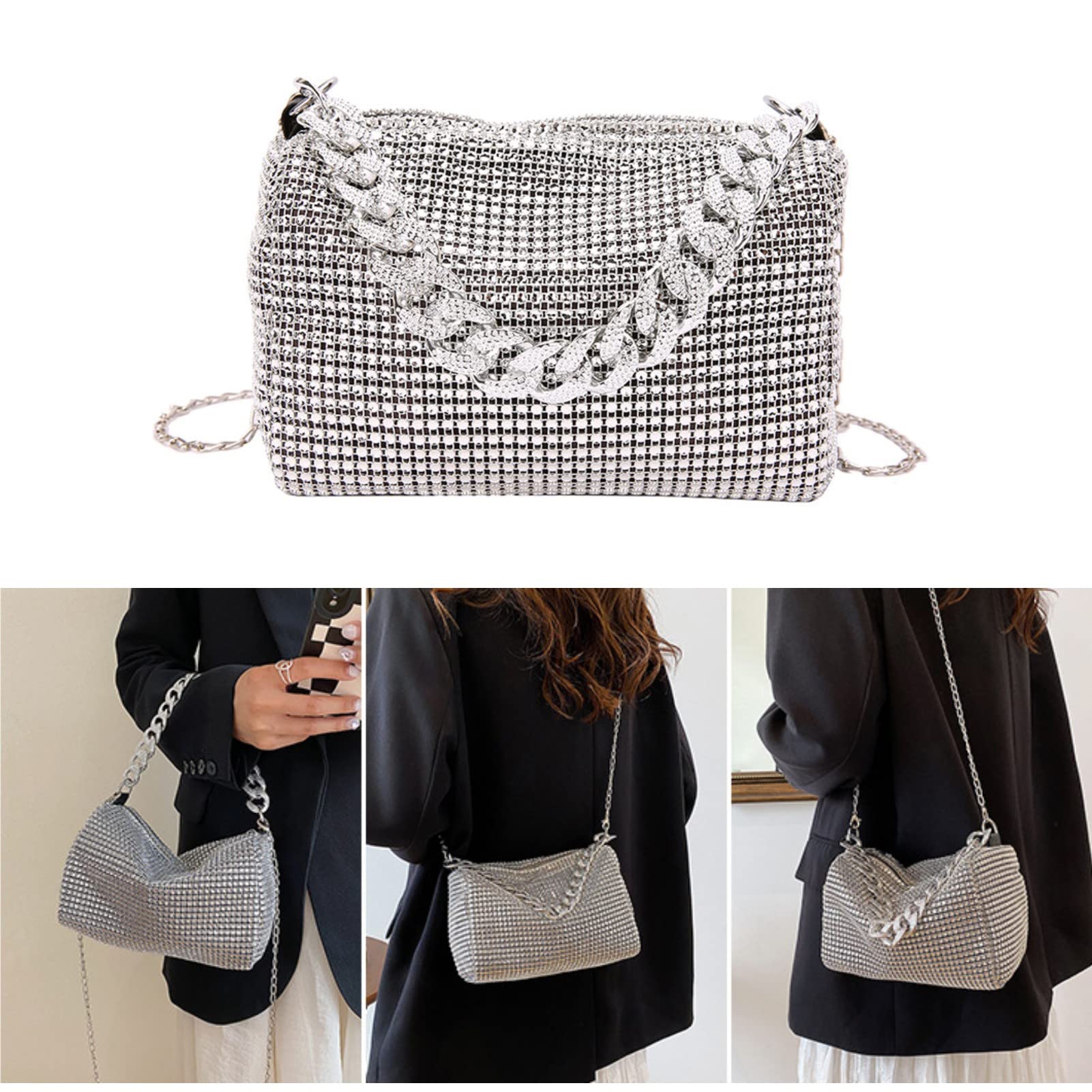 Bling Rhinestone Hobo Bag for Women Crystal Evening Handbag Underarm Bag Tote for Party Wedding