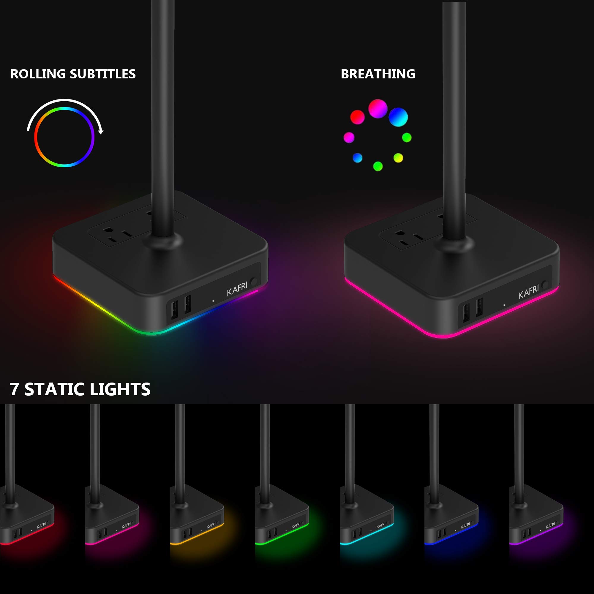 KAFRI RGB Headphone Stand with USB Charger Desk Gaming Headset Holder Hanger Rack with 2 USB Charging Ports and 2 Outlet - Suitable for Gamer Desktop Table Game Earphone Accessories Boyfriend Gift