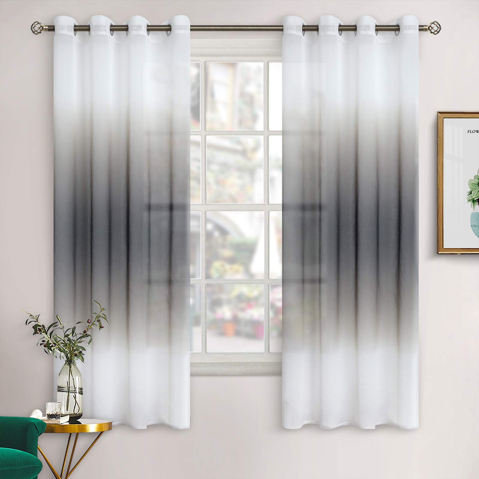 BGment Faux Linen Ombre Sheer Window Curtains for Living Room, Grommet Linear Gradient Light Filtering Semi Voile Sheer Curtain Panels for Kids Room, Set 2 Panels (Each 52 x 72 Inch, Grey)