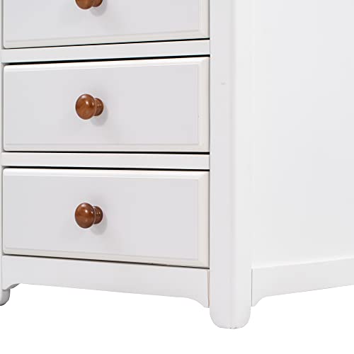 Flieks Wooden Nightstand with USB Charging Ports and Three Drawers,End Table for Bedroom,White+Walnut