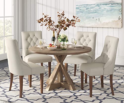 Finch Alfred Round Solid Wood Rustic Dining Table for Farmhouse Kitchen Room Decor, Wooden Trestle Pedestal Base, 46.5" Wide Circular Tabletop, Distressed Beige