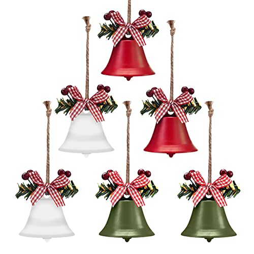 FYY Christmas Jingle Bell Ornaments, 6PCS Metal Christmas Tree Craft Bells with Bow-Knot and Holly Berry for Xmas Hanging Decorations, Window Door Christmas Holiday Party Supplies, Horns 3 Colors