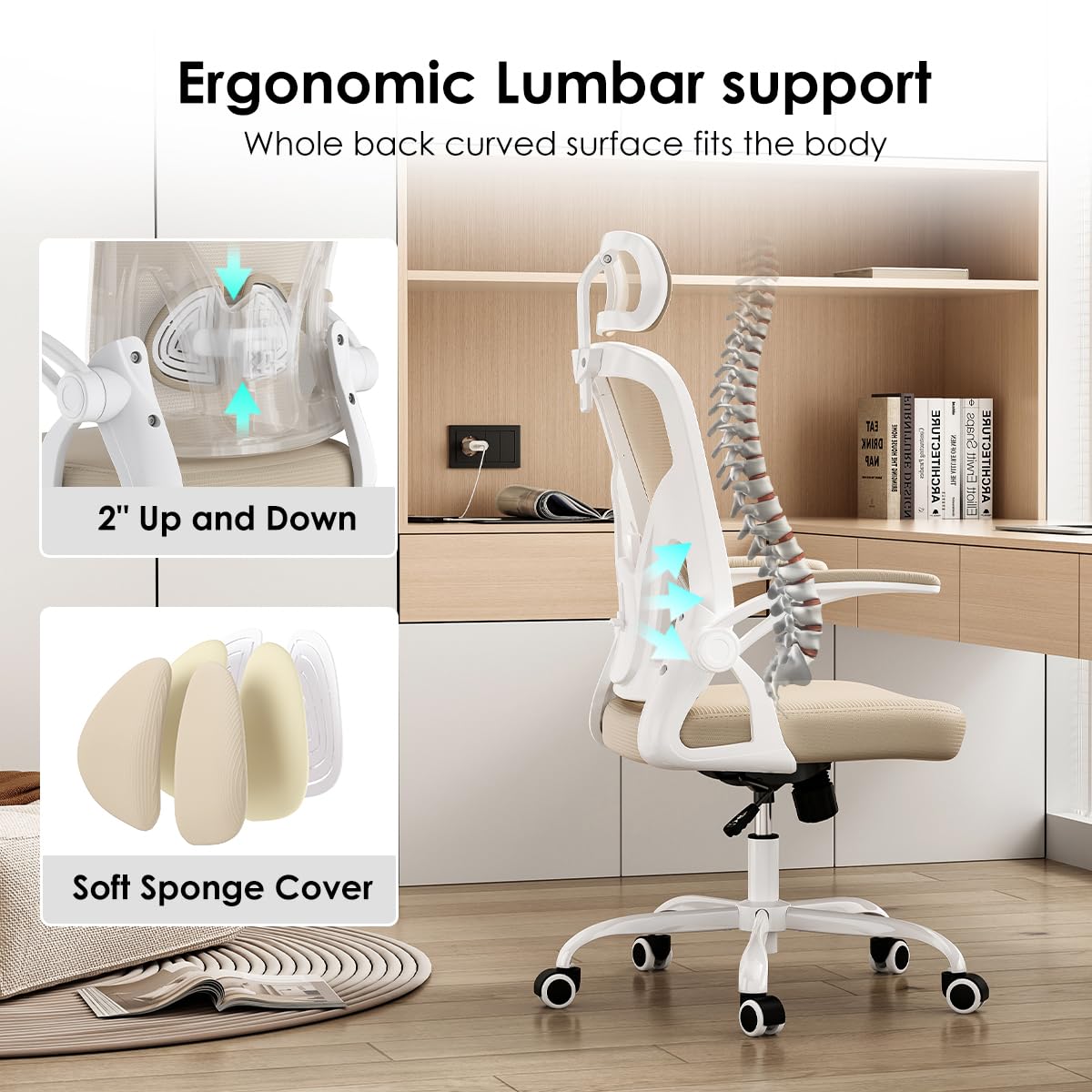 Farini Ergonomic Office Chair, Home Office Desk Chair with Headrest, High Back Computer Chair with Flip-up Armrests and Adjustable Lumbar Support for Home Office Study Bedroom, Khaki.