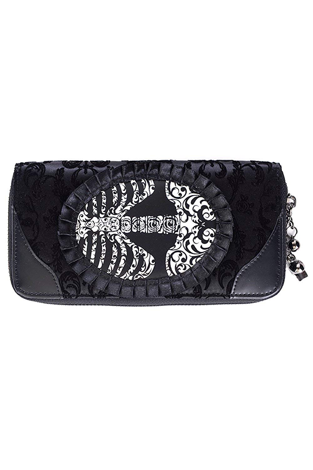 Lost Queen Goth Steampunk Flocked Ribcage Skeleton Cameo Zip Around Wallet