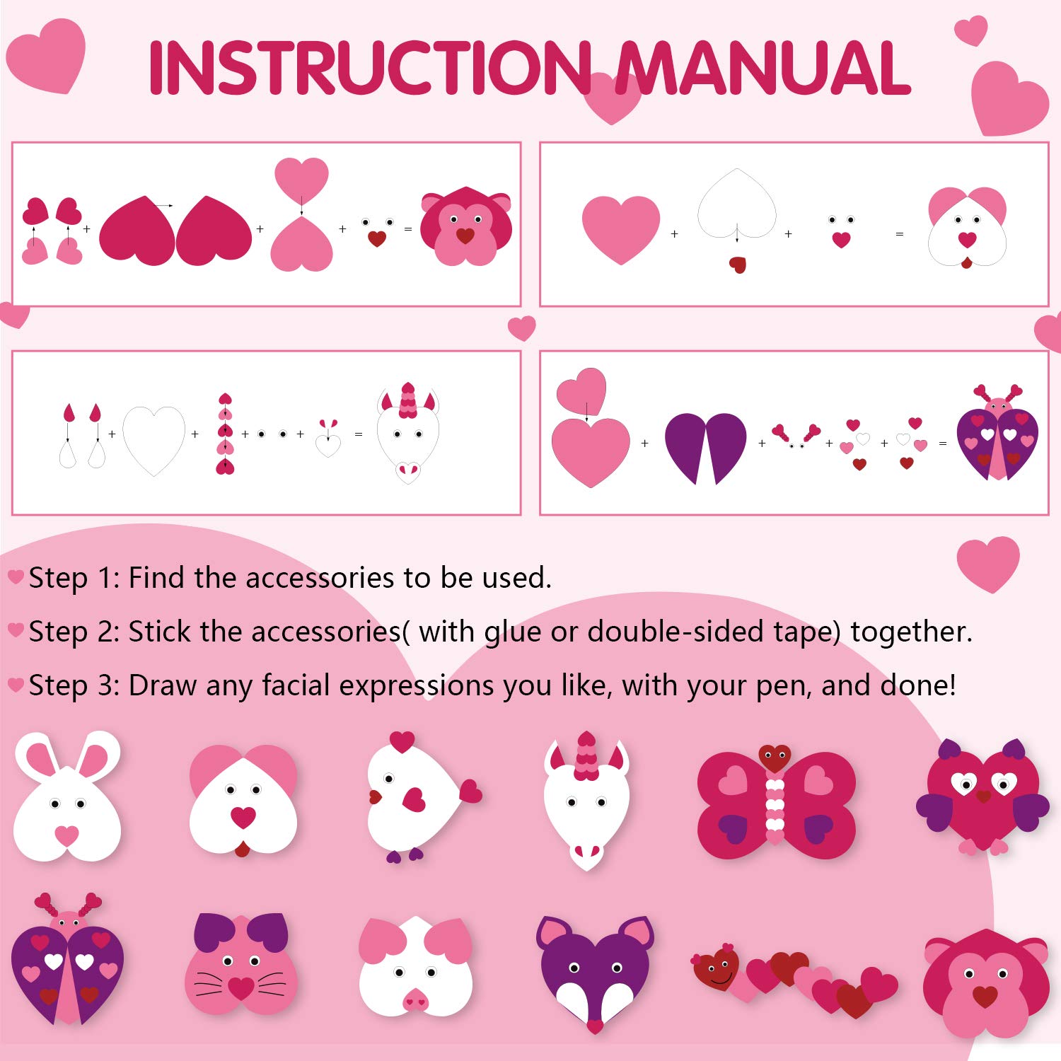 WATINC 12Pcs Wedding Engagement DIY Craft Kit Felt Hearts Animals Art Set with Butterfly Rabbit Pig Chick Monster Bear Bunny Creative Decorations for Valentine's Day Activity Party Supplies