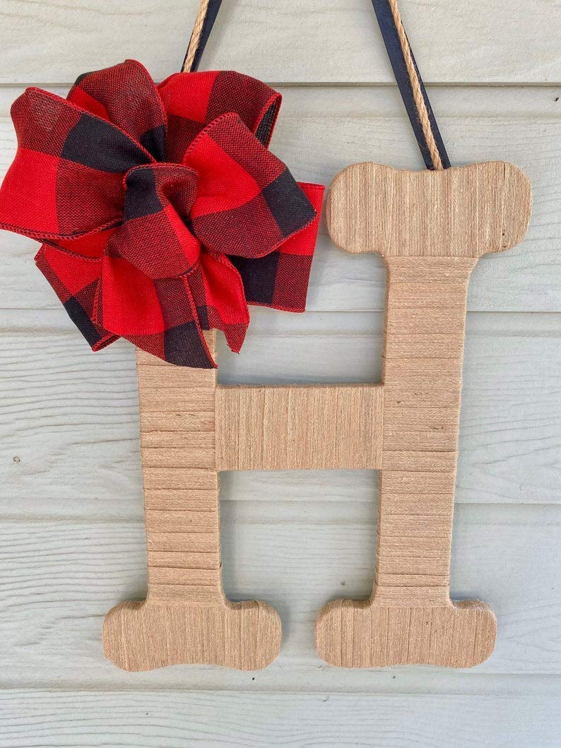 Buffalo Plaid Personalized Door Monogram-Burlap Front Door Decor Monogram-Door Decorations-Weatherproof