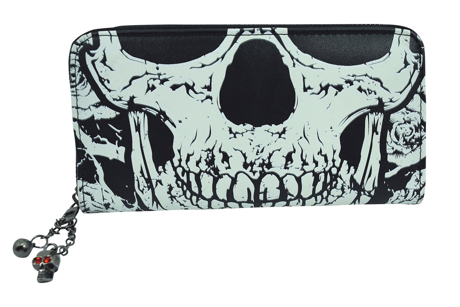 Lost Queen Gothic Death Skull Face Glow in the Dark Zip Around Wallet, Black, Large