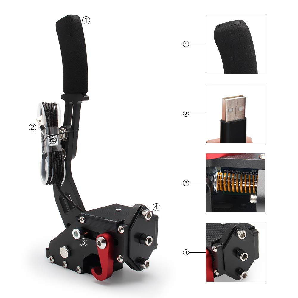 POSENG 64 Bit USB Handbrake with Clamp PC Handbrake Hall Sensor for G25/27/29 T500 T300 G920, Professional Gaming Peripherals for Racing Games, with Non-Contact Plus Hall Sensor (Black without Clamp)