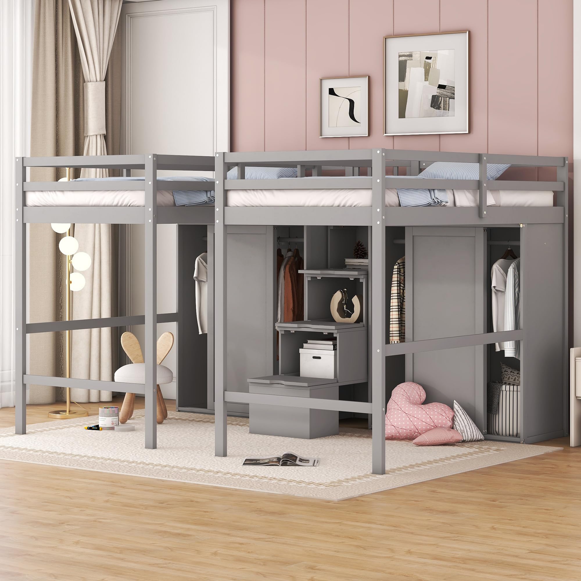 Double Loft Beds with Stairs and 2 Wardrobes, Twin Size Wood Loft Bed Frame with Large Storage Staircase and Closet for Two Kids Girls Boys Teens, No Box Spring Needed, Gray