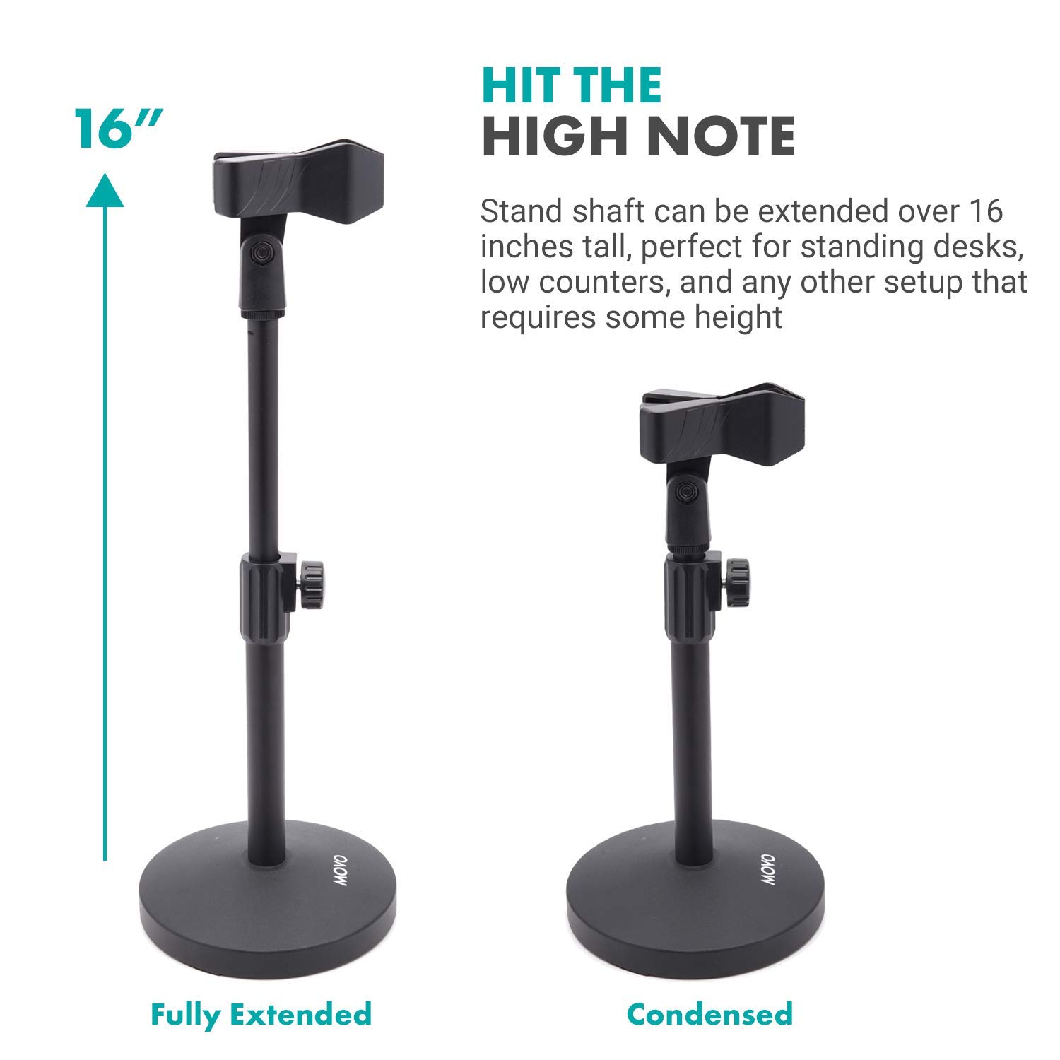 Movo TMC-5 Heavy Duty Desktop Microphone Stand with Weighted Round Base and Mic Holder for Desk - 16" Extendable Microphone Desk Stand - Compact Metal Desktop Mic Stand for Podcasts, Gaming
