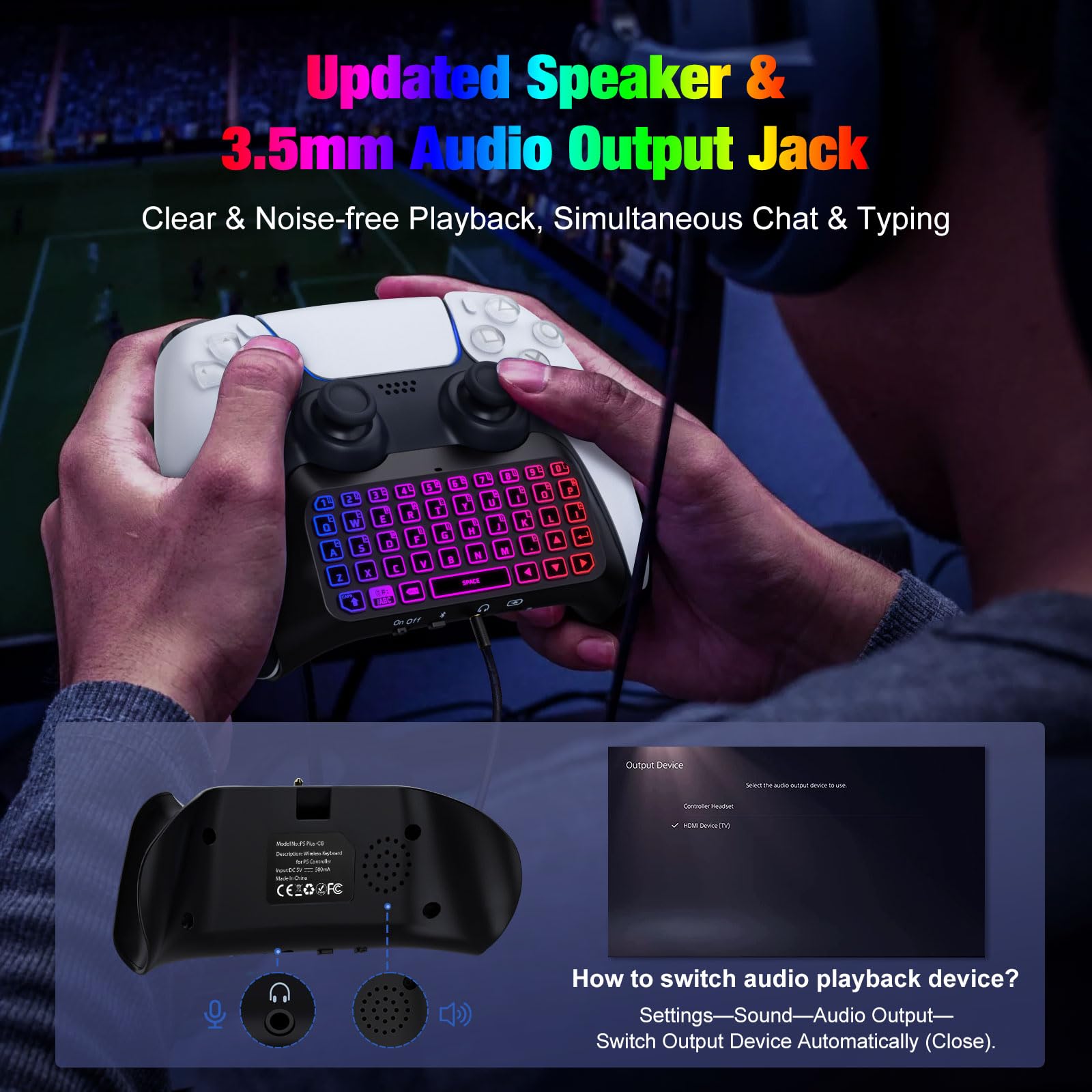 MoKo Keyboard for PS5 Controller with Green Backlight, Bluetooth Wireless Mini Keypad Chatpad for PlayStation 5, Built-in Speaker & 3.5mm Audio Jack for PS5 Controller Accessories, Gray